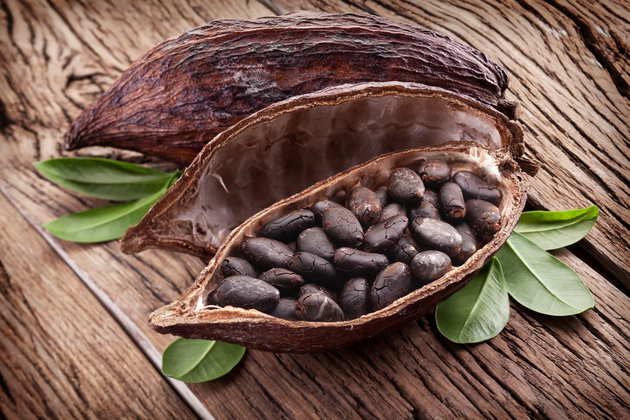 Kakaokapsulo sur malhela ligna tablo.