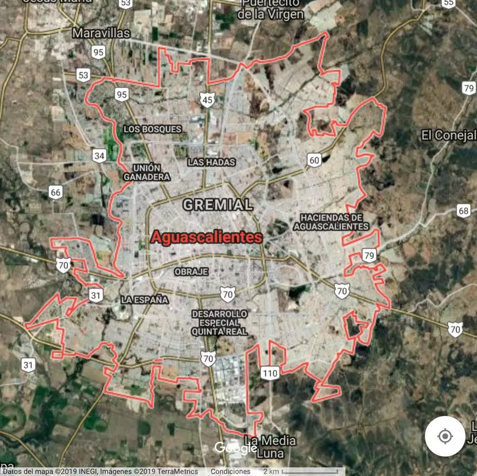 Aguascalientes žemėlapis: palydovas ir su pavadinimais 10903_3