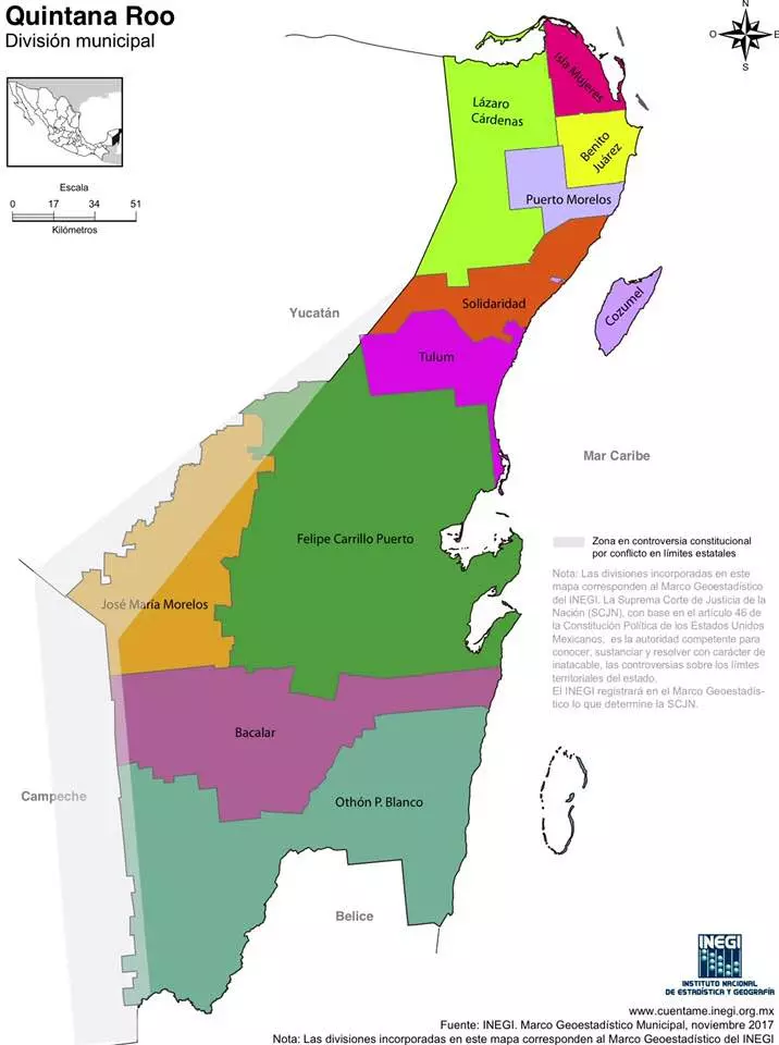 Mapa Quintana Roo s menami a sfarbením 10906_2