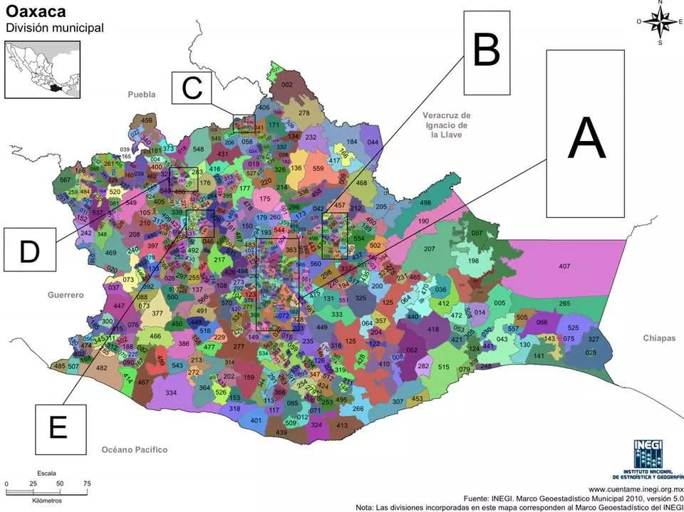 Peta Oaxaca lengkap karo divisi politik
