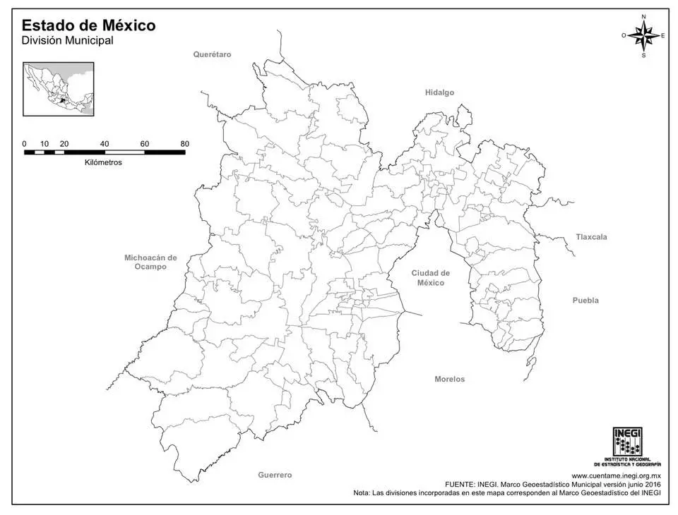 Kaart van die staat van Mexiko met name en om te druk 13217_3