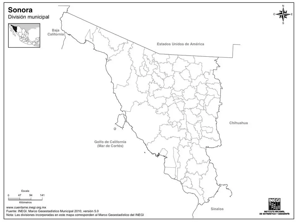Harta e Sonorës me emra, ndarje politike dhe satelitore 16860_4