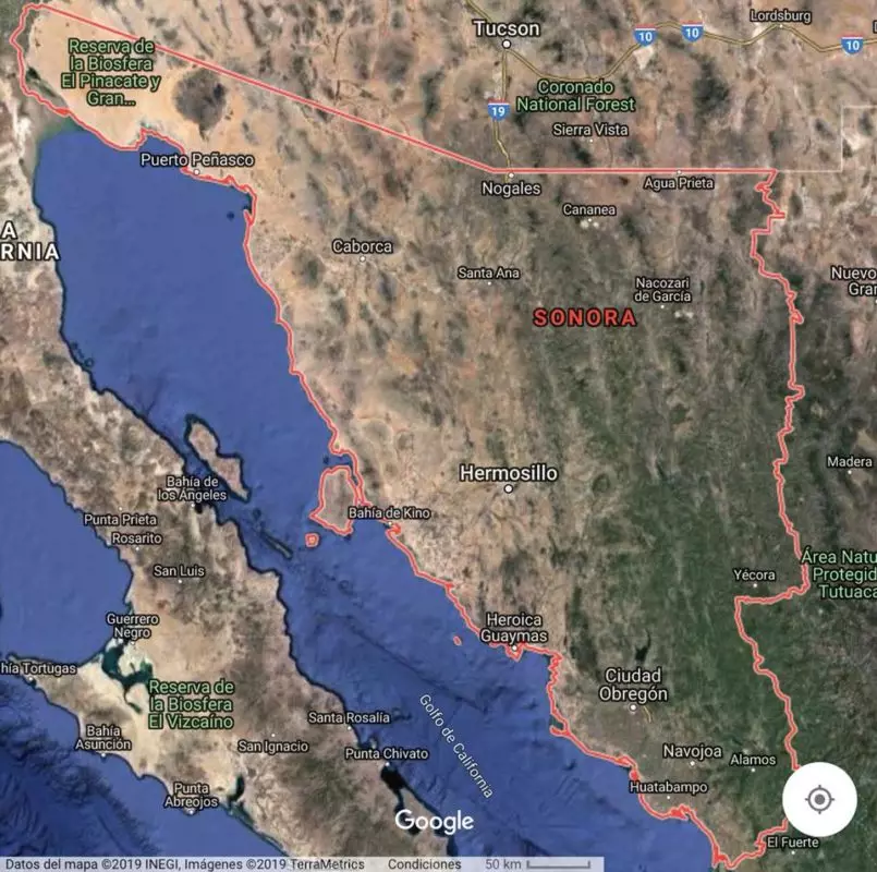 Sonoras karte ar nosaukumiem, politisko un satelītu sadalījumu 16860_5