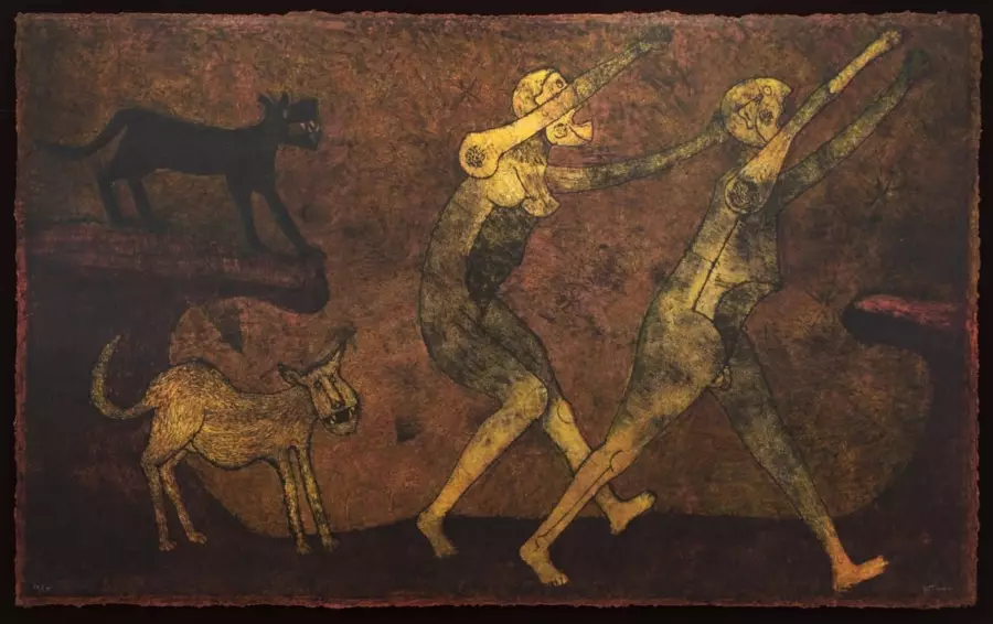 Mixographie : Deux personnages attaqués par des chiens, Rufino Tamayo. 1983