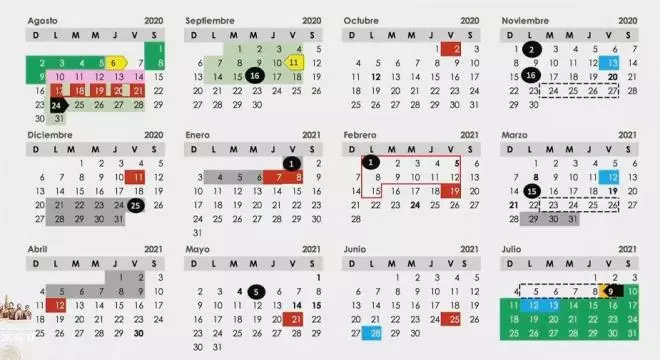 スクールカレンダー 2020 - 2021 SEP;休暇、橋、休日