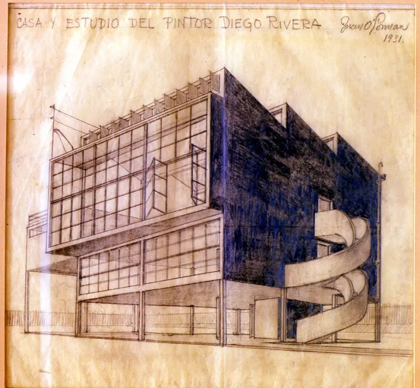 Skicë origjinale arkitekturore nga Juan O'Gorman, frymëzuar nga parimet e Le Cobusier