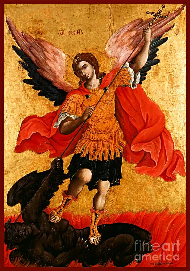 Saint Michael na Ekwensu Onye isi mmụọ ozi Michael Painting nke Poulakis Theodoros Pericon Cross dere