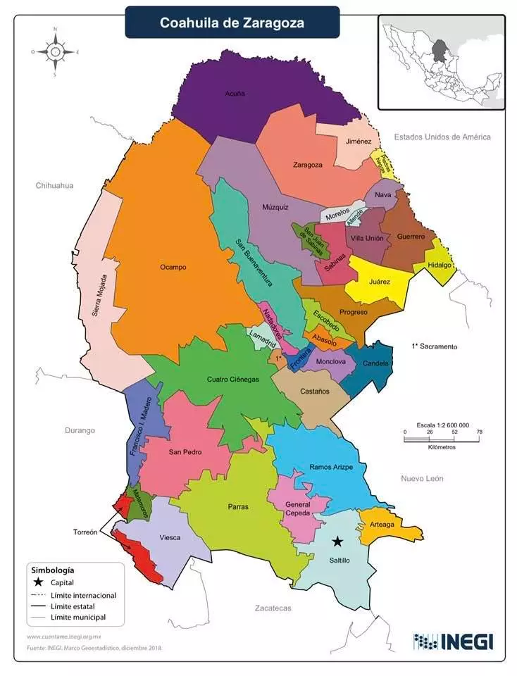 Mapa ng Coahuila na may mga pangalan at dibisyong pampulitika 8699_5